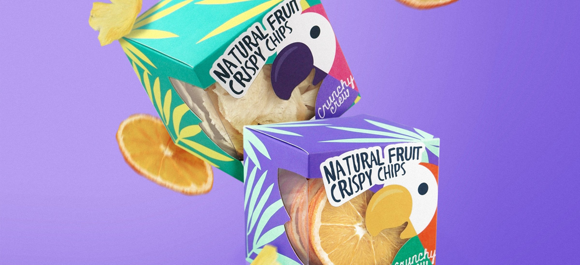 Naming and Package Design for Crunchy Crew Fruit Chips.